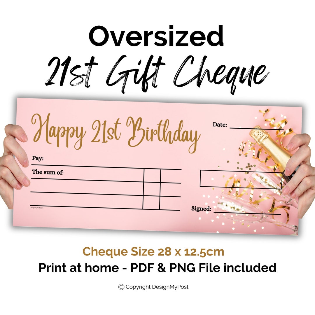Pink 21st Birthday Oversized Cheque: Printable Money Gift (PDF & PNG ...