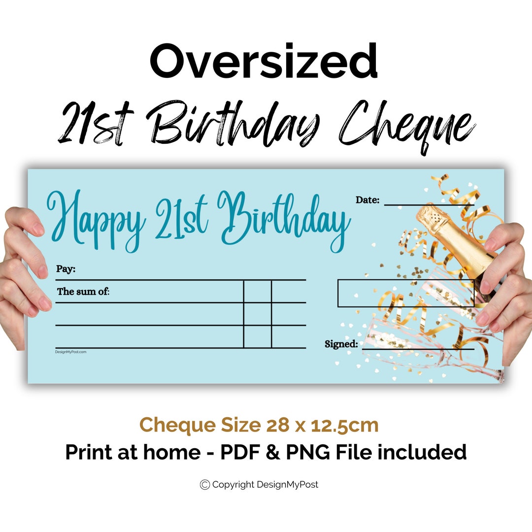 Big Cheque for 21st Birthday in Light Blue. Gifting Blank Cheque ...