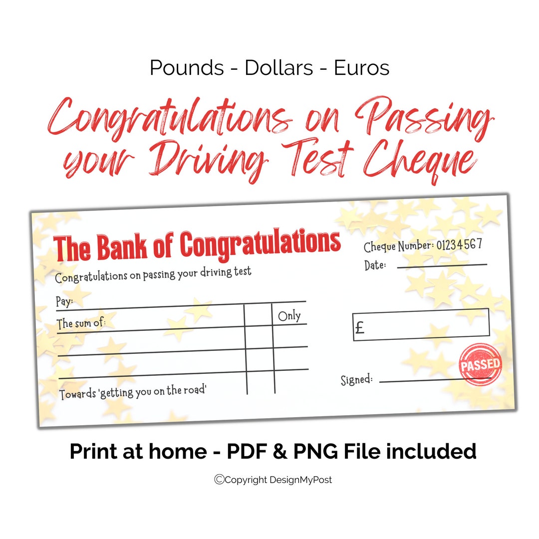 Congratulations on Passing Driving Test. Printable Gift Cheque Template ...