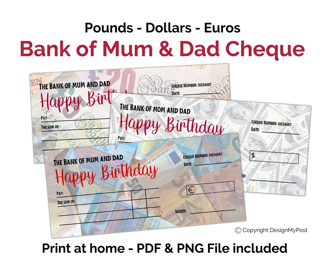 Bank of Mum and Dad Birthday Cheque. Gifting Cheque Template - Etsy UK