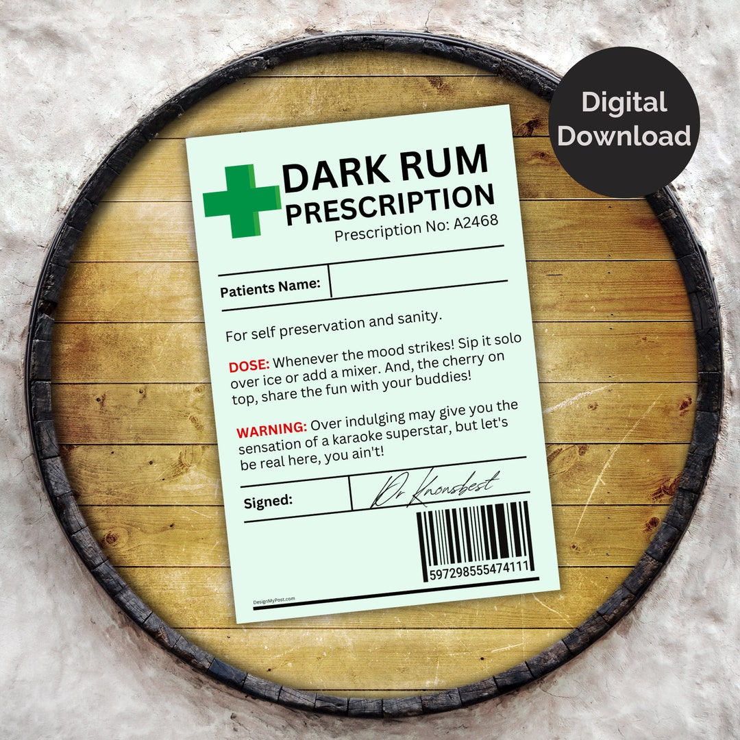 Dark Rum Prescription Label. Printable Novelty Gift for Rum Drinker ...