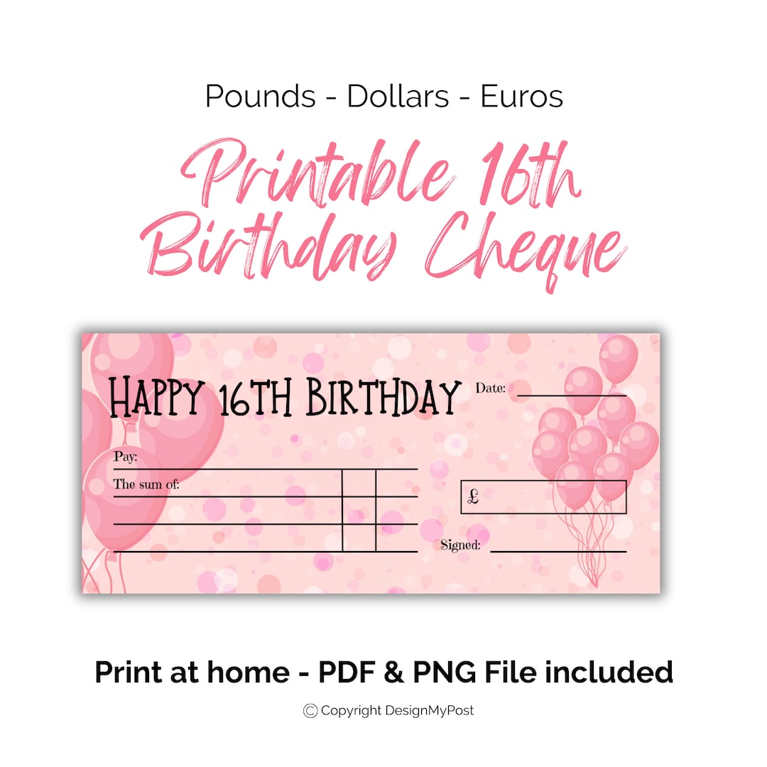 Pink Blank Cheque for Girls 16th Birthday. Fun Money Gift for Sixteenth ...