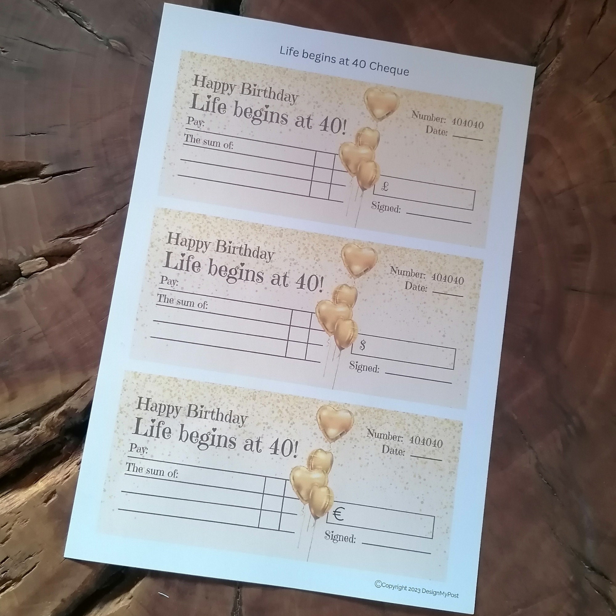 40th Blank Birthday Cheque. Printable Birthday Gift Template, Euros ...