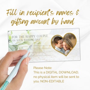 Photo Wedding Cheque. Unique Gift for Newly Weds. Printable Wedding ...