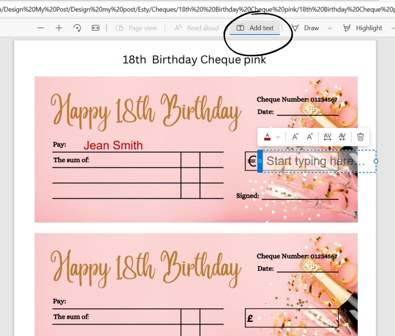 18th Birthday Cheque. Gift Blank Cheque Template Euros Pounds - Etsy ...
