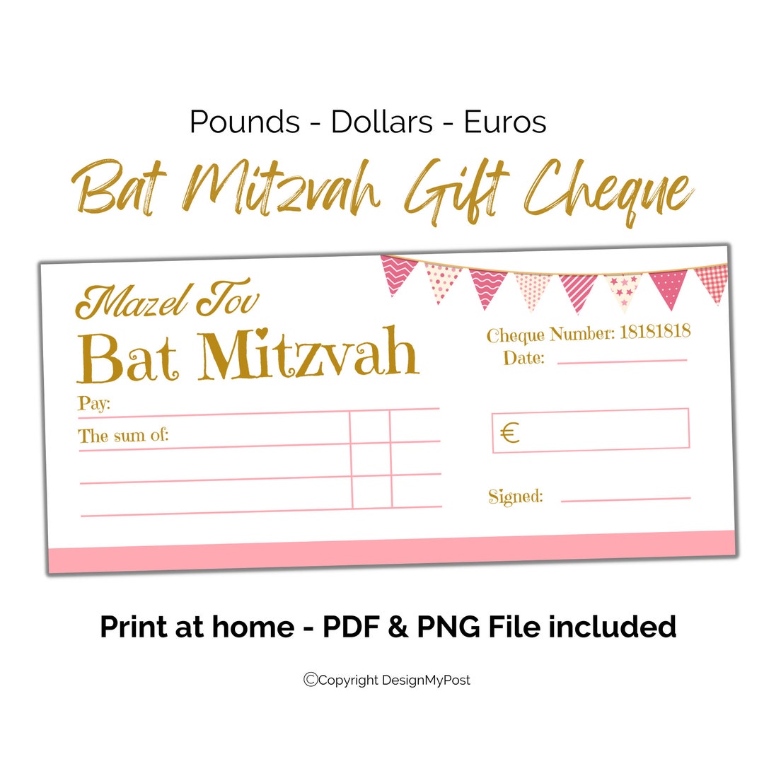 Bat Mitzvah Gift Cheque Template. Mazel Tov Celebration Gift. Digital ...