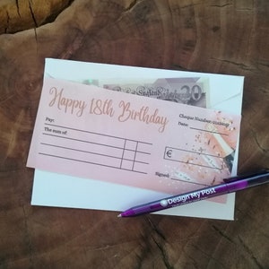 18th Birthday Cheque in Pink. Gift Blank Cheque Template Euros, Pounds ...
