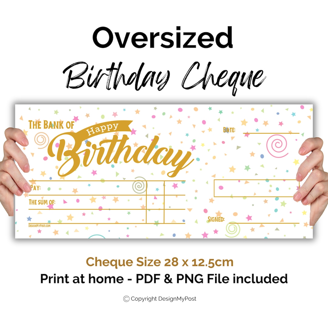 Large Birthday Cheque. Gifting Blank Cheque Template. Printable ...