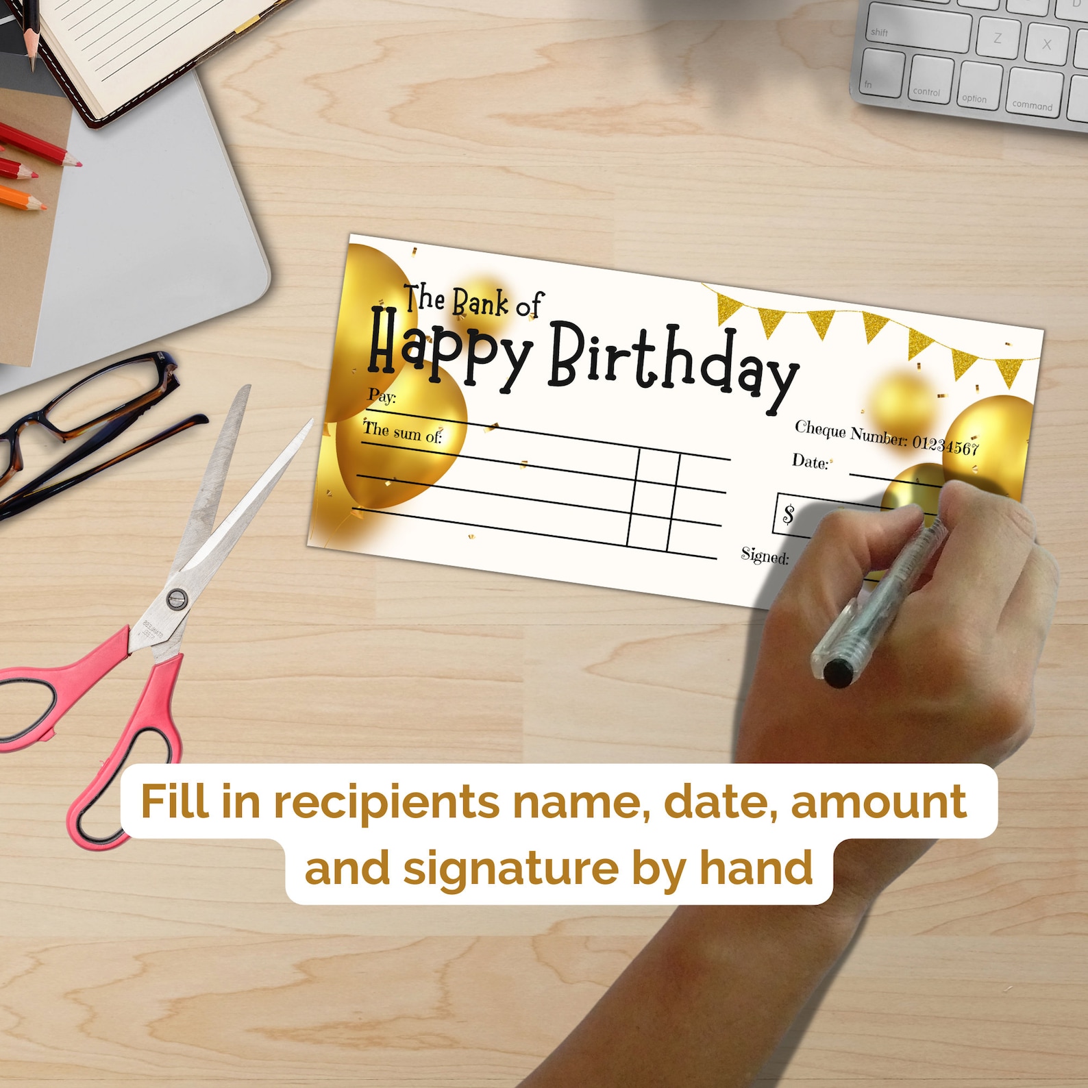 Printable Birthday Cheque With Gold Balloons. Gift Cheque Template ...
