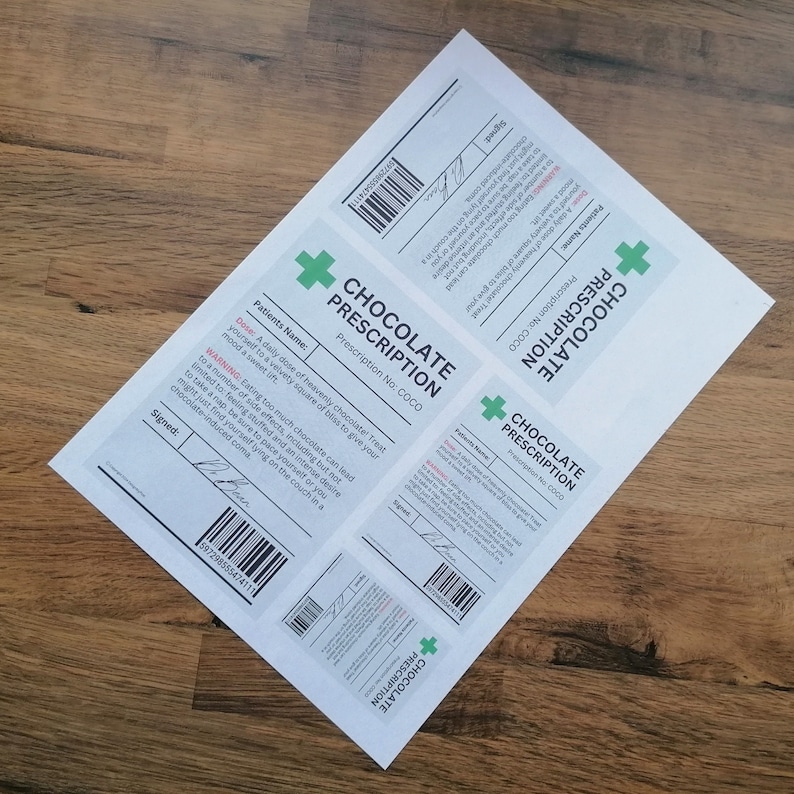 Chocolate Prescription Label. Printable Novelty Gift for Chocolate ...