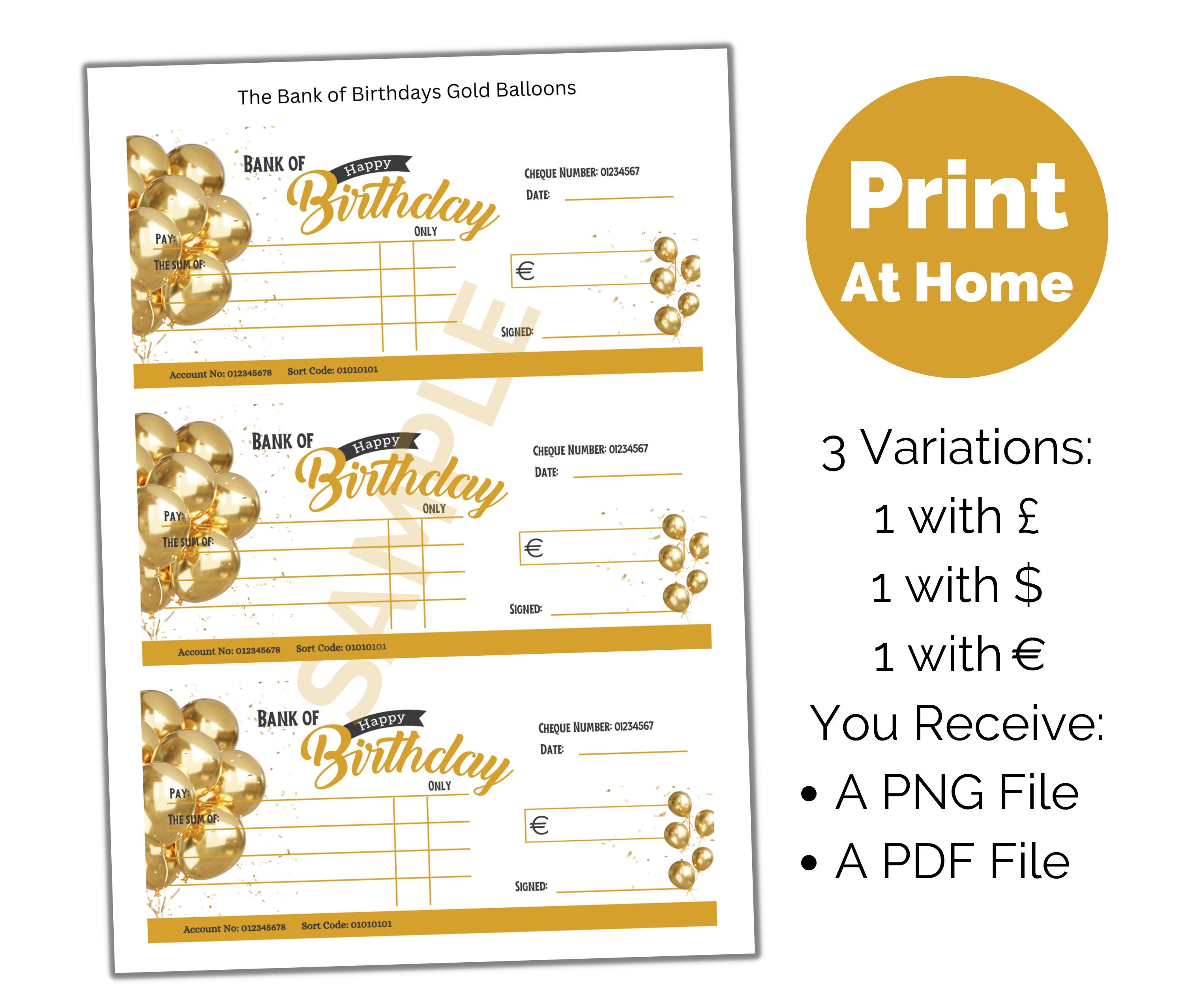 Printable Birthday Cheque. Gift Cheque Template With Gold Balloons ...