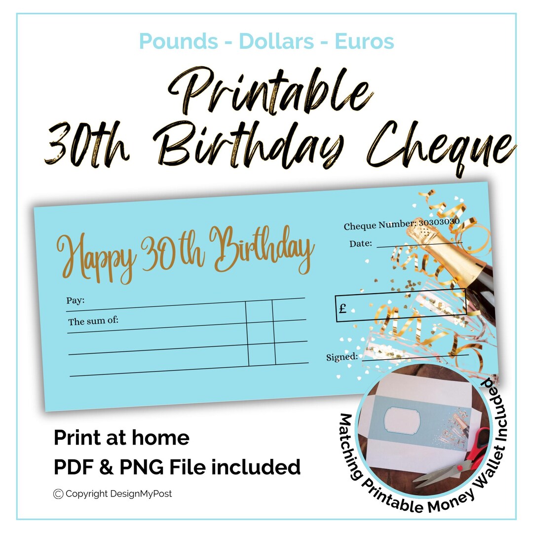 30th Birthday Gift Cheque & Money Wallet: Blue Printable Template ...