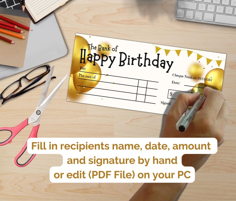 Printable Birthday Cheque With Gold Balloons. Gift Cheque - Etsy