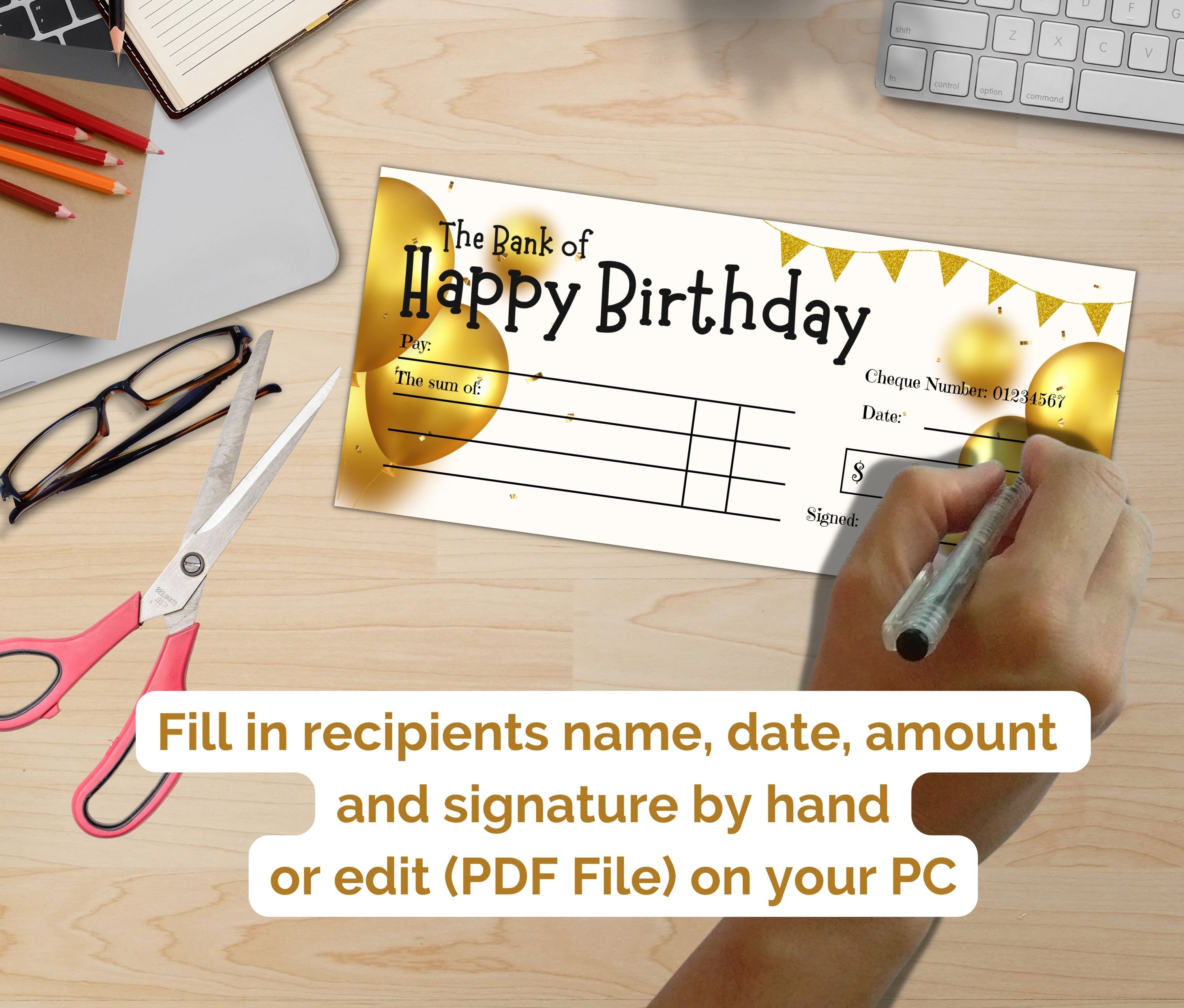 Printable Birthday Cheque With Gold Balloons. Gift Cheque - Etsy