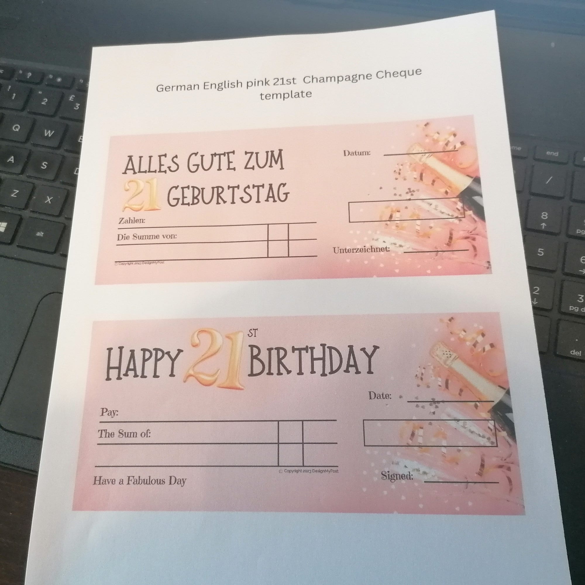 21 Scheck Zum Geburtstag, Blankoscheck Rosa. Birthday Cheque in German ...