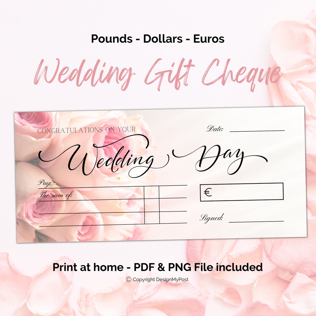 Pink Rose Blank Cheque Gift for Newly Weds. Printable Wedding Money ...