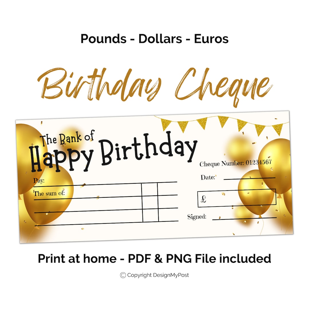 Printable Birthday Cheque With Gold Balloons. Gift Cheque Template ...