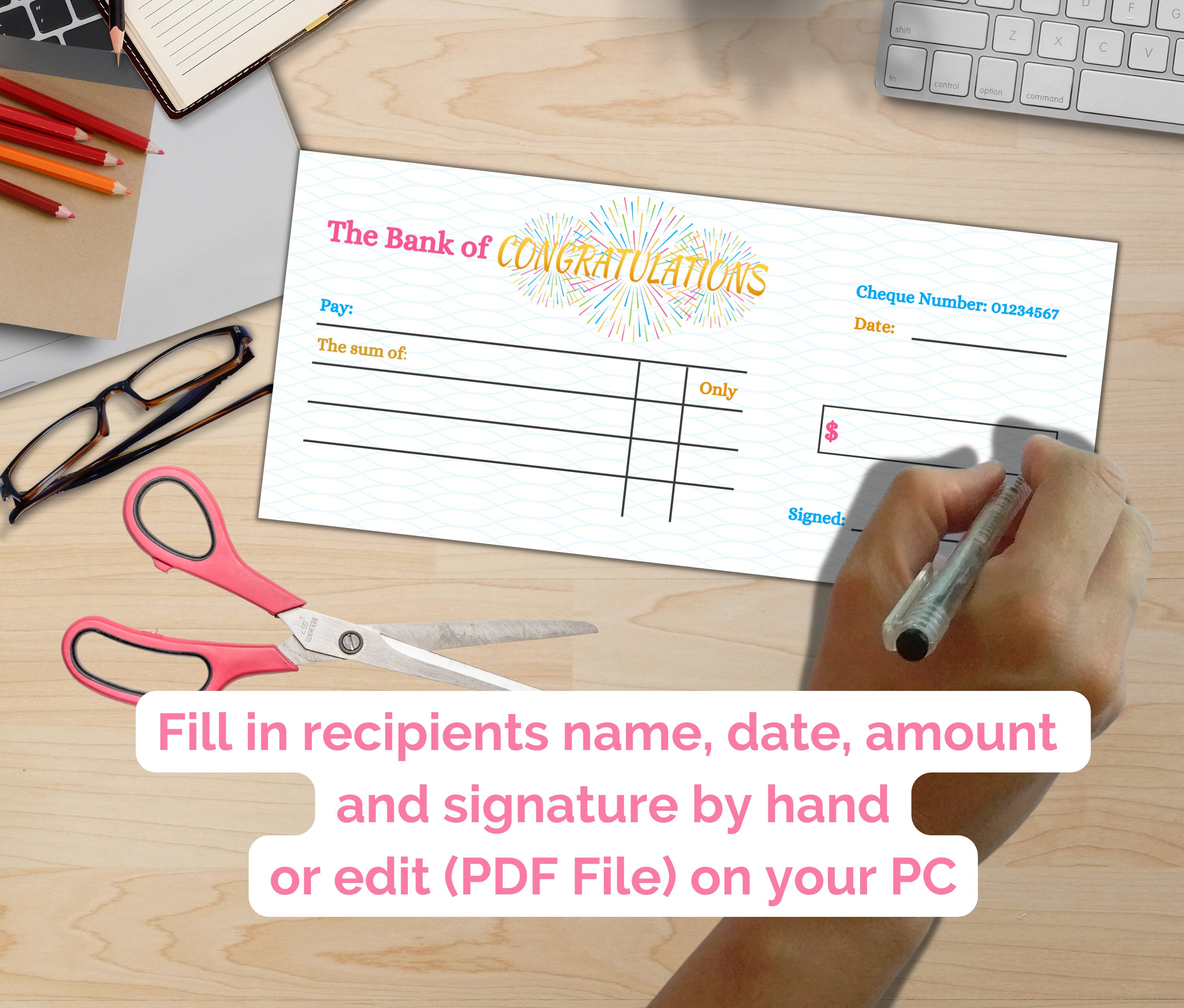 Congratulations Cheque. Printable Gift Cheque Template. Euros - Etsy