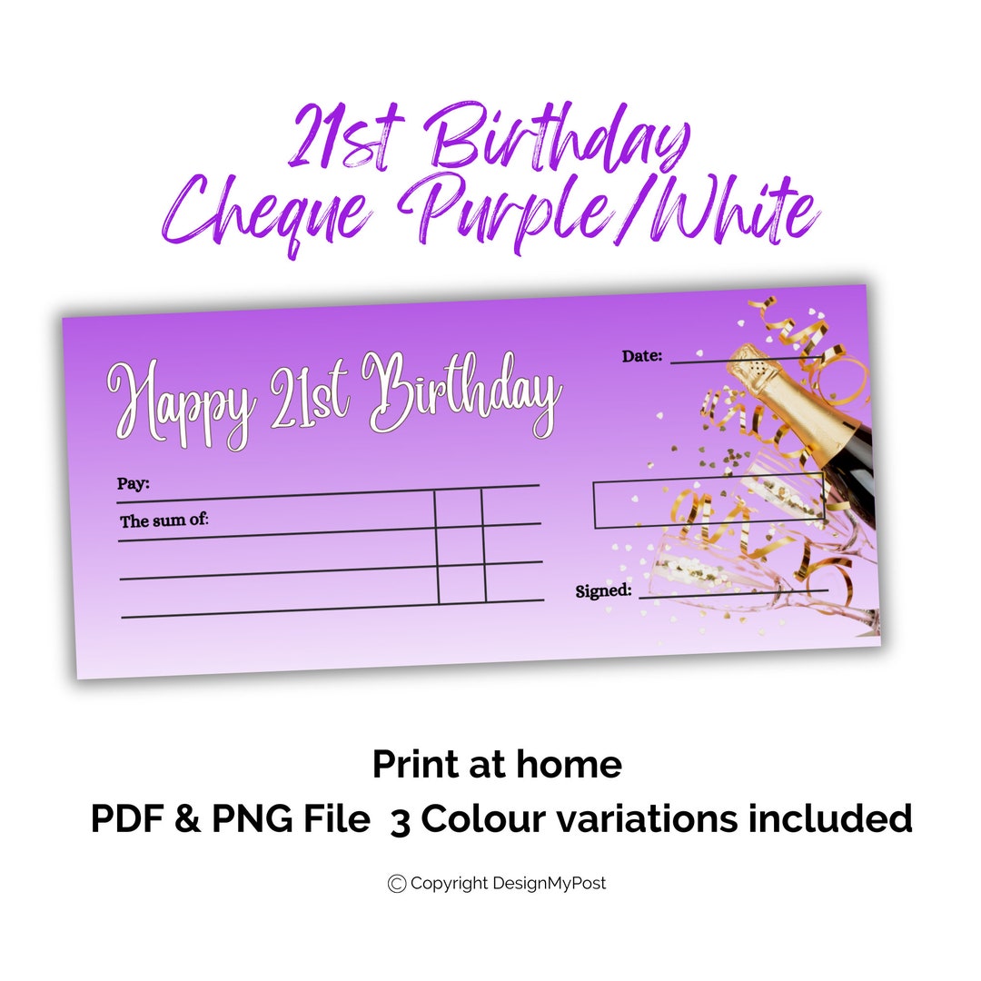 Plantilla de cheque en blanco para regalo de cumpleaños número 21 en 3 ...