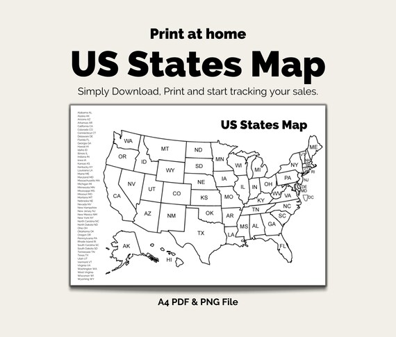 Printable US States Map. Etsy United States Sales Tracker. A4 | Etsy