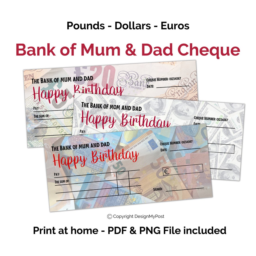 Bank of Mum and Dad Birthday Cheque. Gifting Cheque Template - Etsy UK