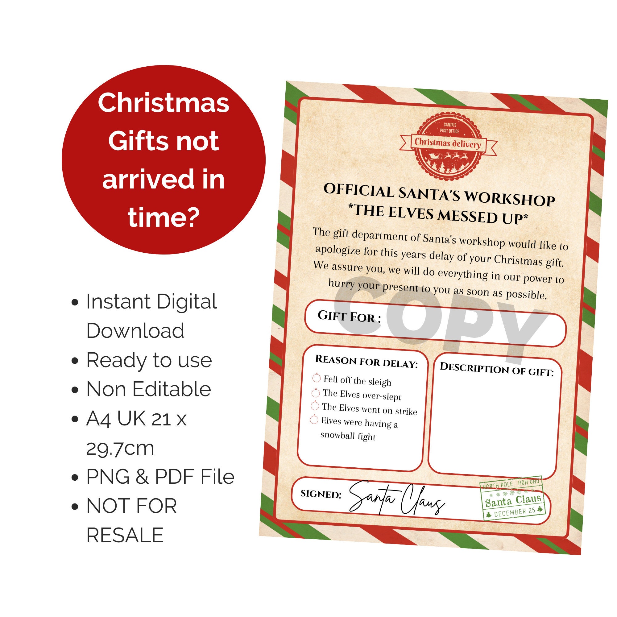 Printable Christmas Gift Delay Apology Letter. A4 Santa Post ...