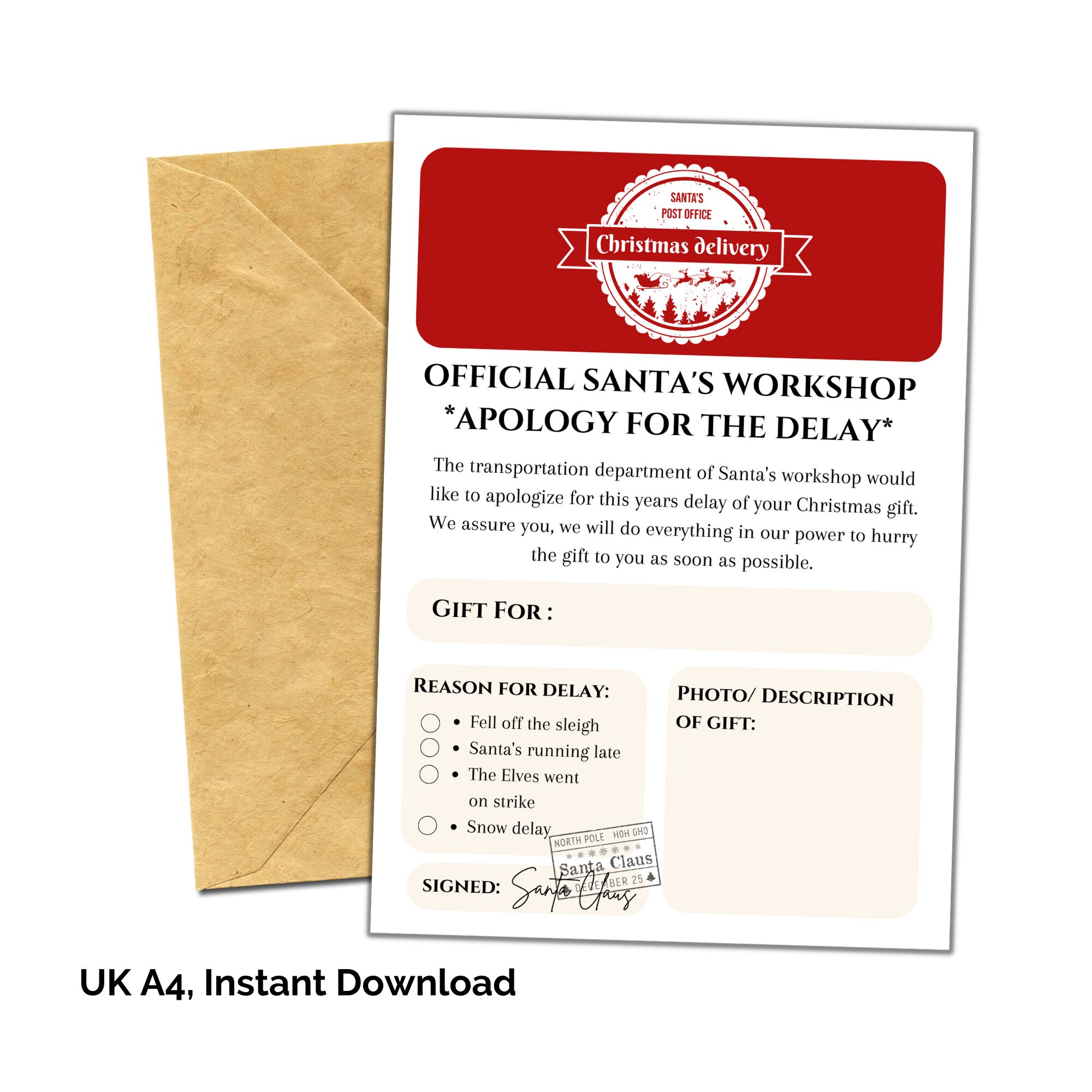 Christmas Gift Delay Apology Letter. Printable A4 Notification From ...