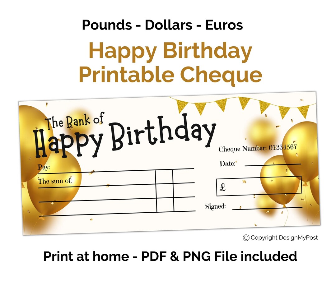 Printable Birthday Cheque With Gold Balloons. Gift Cheque - Etsy