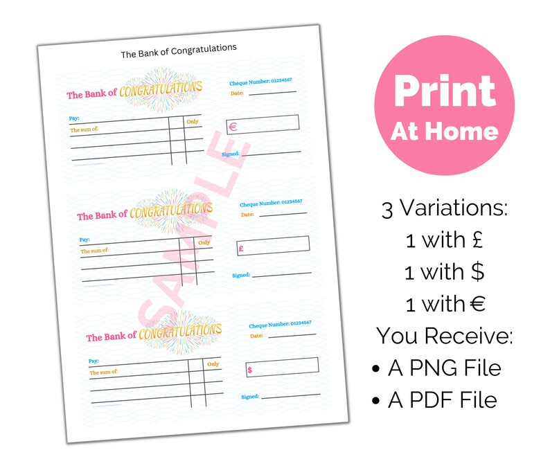 Congratulations Cheque. Printable Gift Cheque Template. Euros - Etsy UK