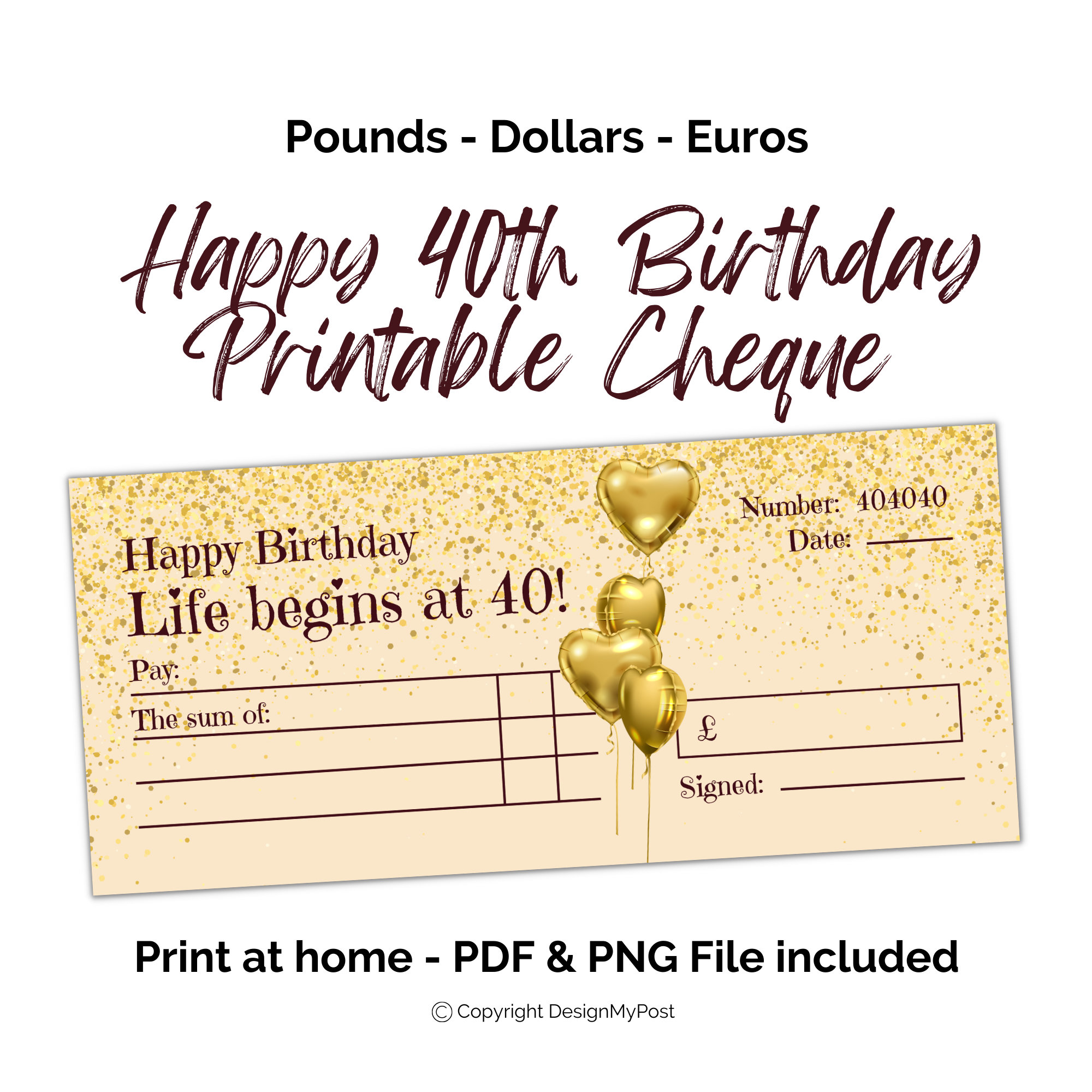40th Blank Birthday Cheque. Printable Gift Template, Euros, Pounds and ...