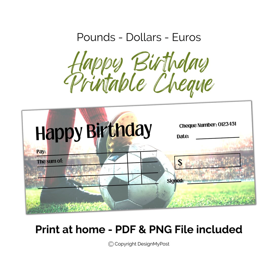 Football Birthday Fake Cheque: Euros, Pounds, Dollars (digital Download ...