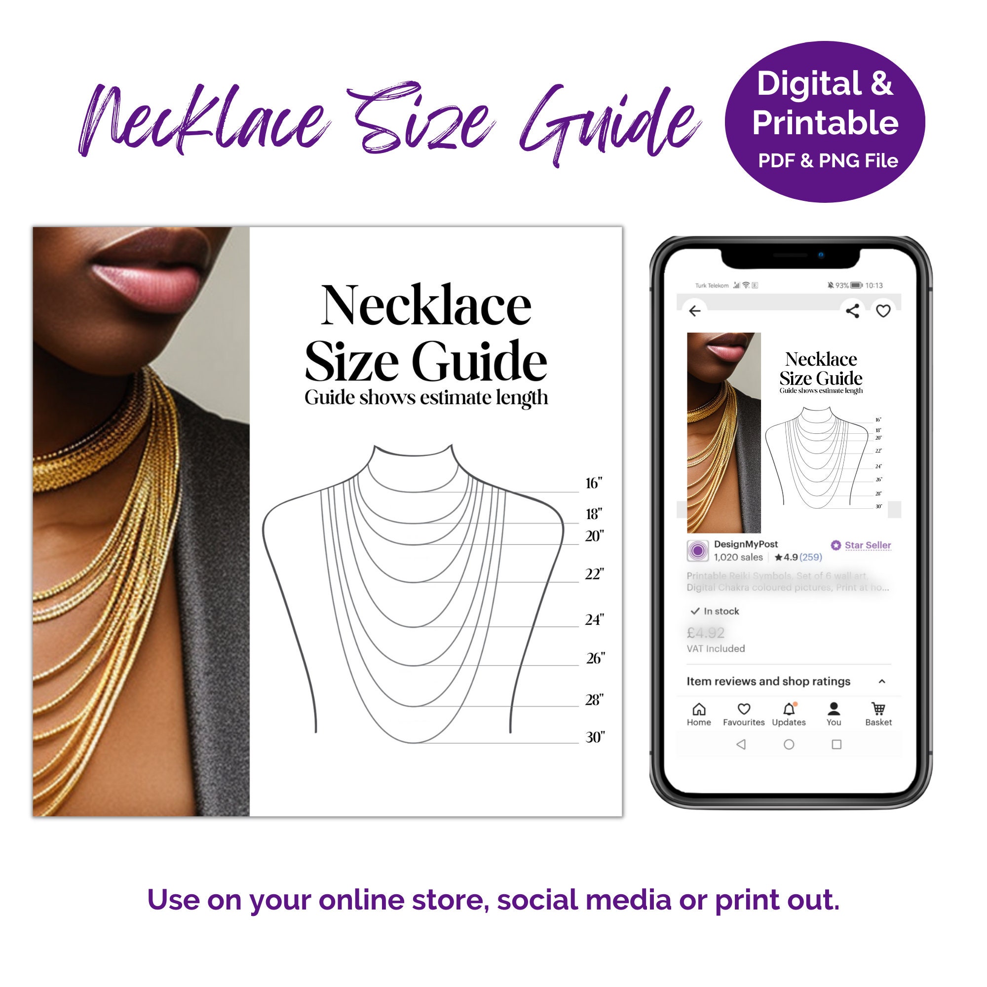 Necklace Length Guide Template Printable Digital Easy to Use Chain Size ...