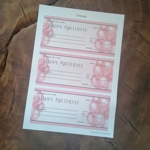 Printable Blank Birthday Cheque With Pink Balloons. Gift Cheque ...