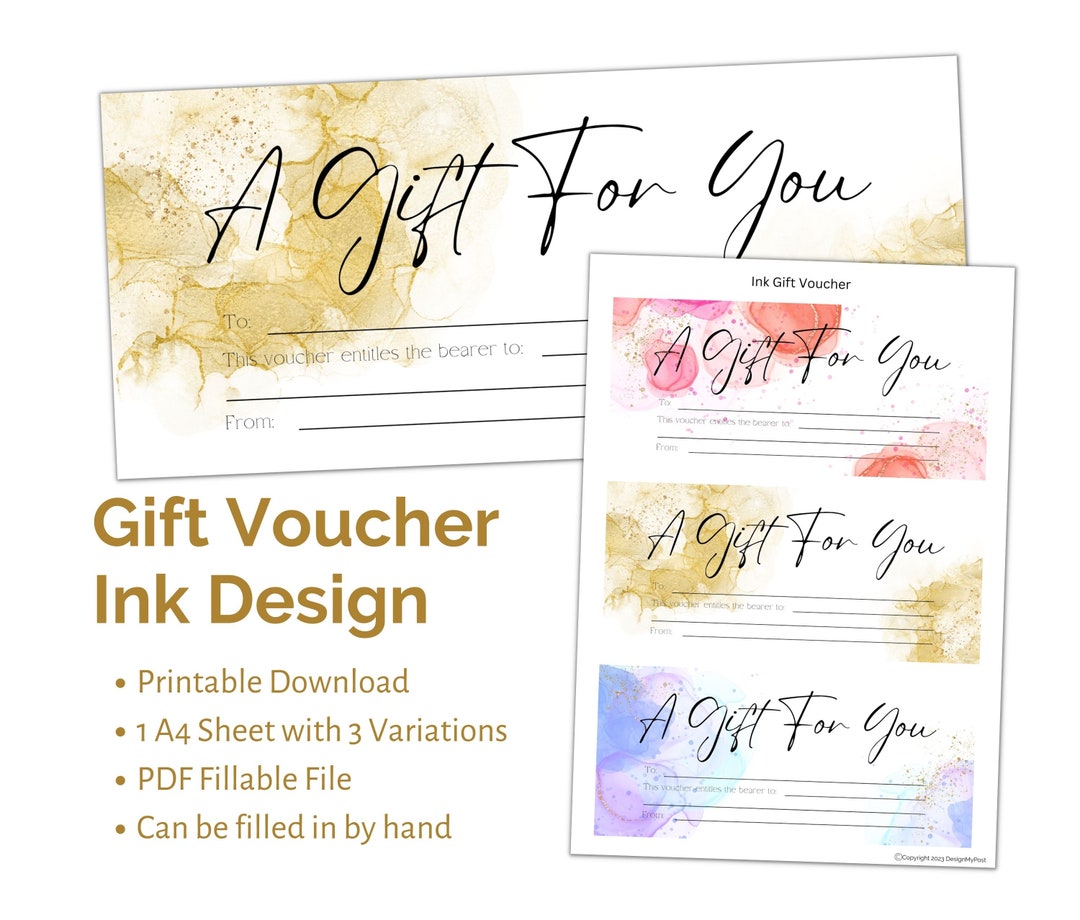 Gift Voucher Printable Template With Coloured Ink Design. PDF & PNG ...