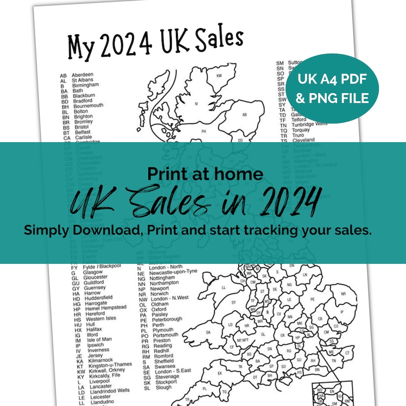 2024 UK Sales Postcode Map. Printable Etsy Sales Tracker. A4 - Etsy