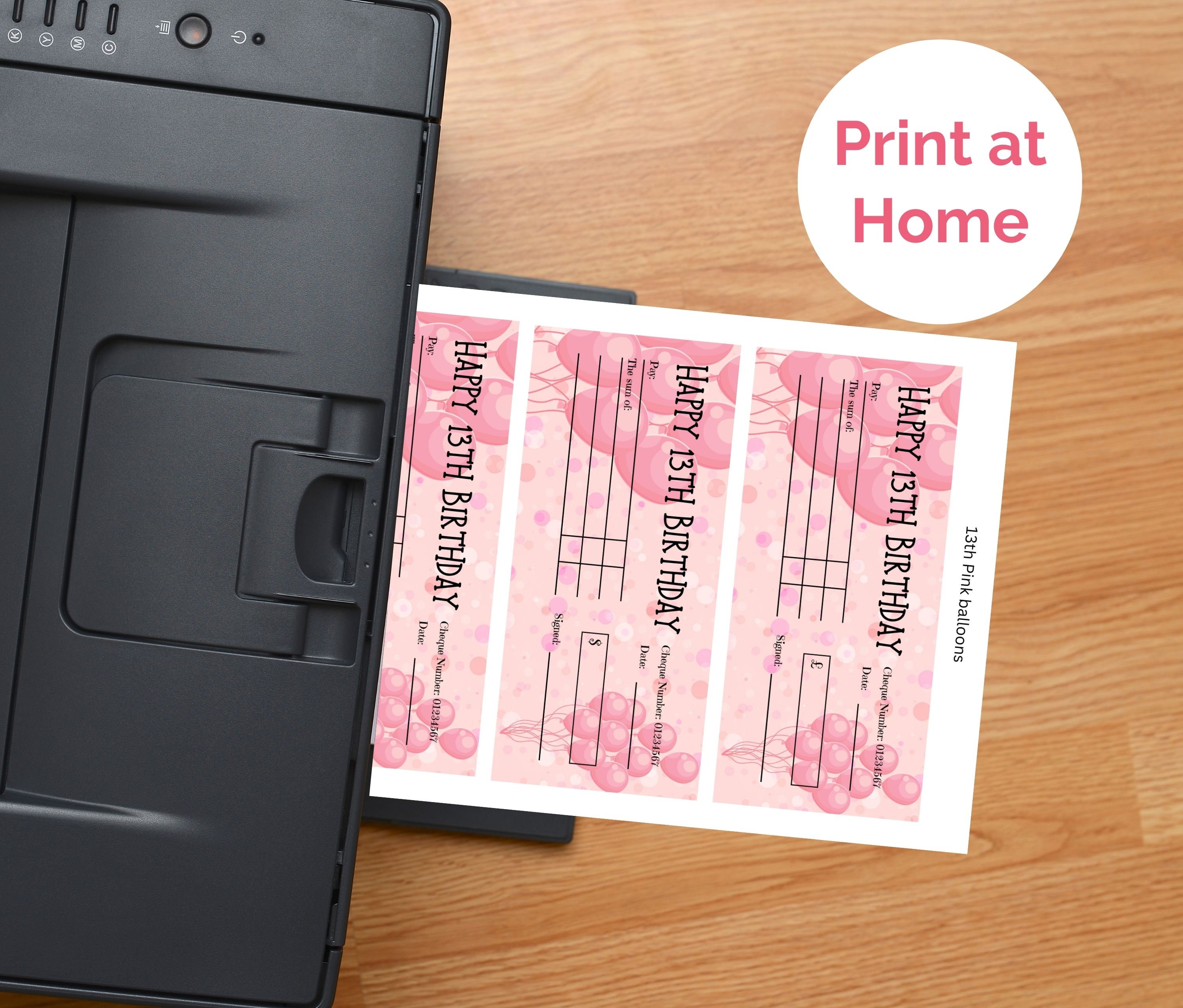 Printable 13th Birthday Cheque. Pink Blank Gifting Cheque - Etsy UK