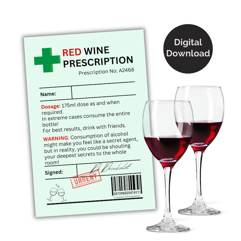 Red Wine Prescription Label. Printable Novelty Gift for Wine Lover ...
