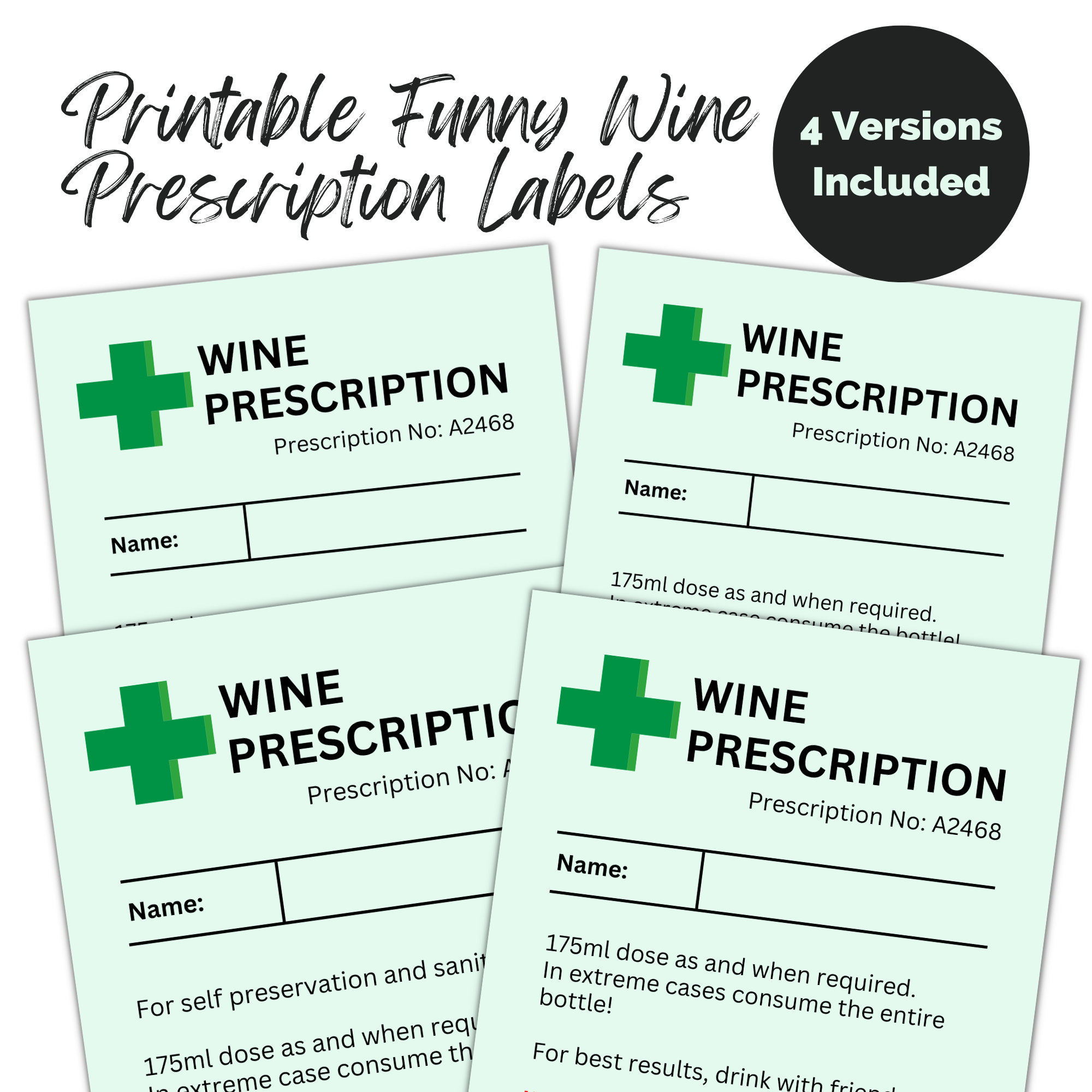 Funny Wine Prescription Label. Printable Novelty Gift. Digital Download ...
