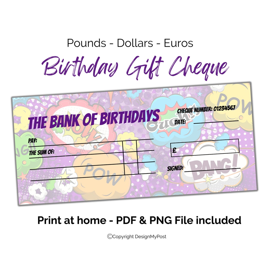 Birthday Cheque Ideal for Teenagers. Printable Fun Cartoon Style. Gift ...