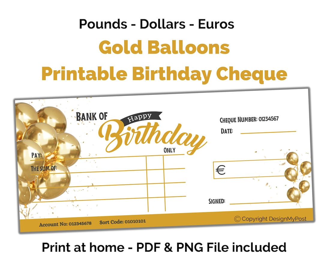 Printable Birthday Cheque. Gift Cheque Template With Gold - Etsy
