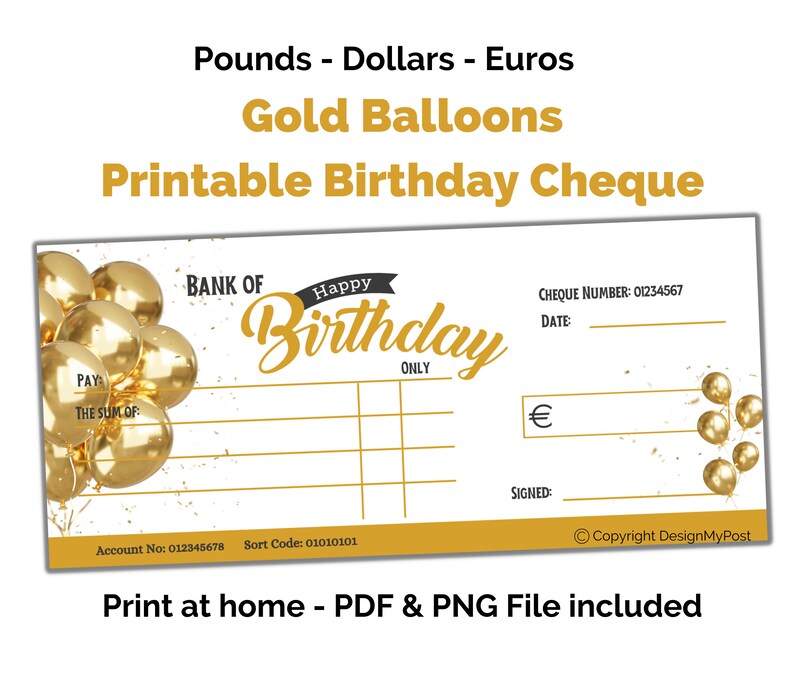 Printable Birthday Cheque. Gift Cheque Template With Gold - Etsy