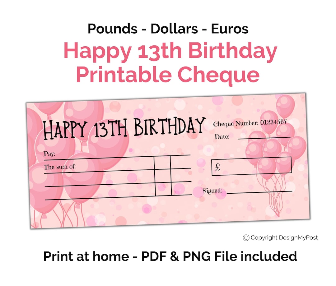 Printable 13th Birthday Cheque. Pink Blank Gifting Cheque - Etsy
