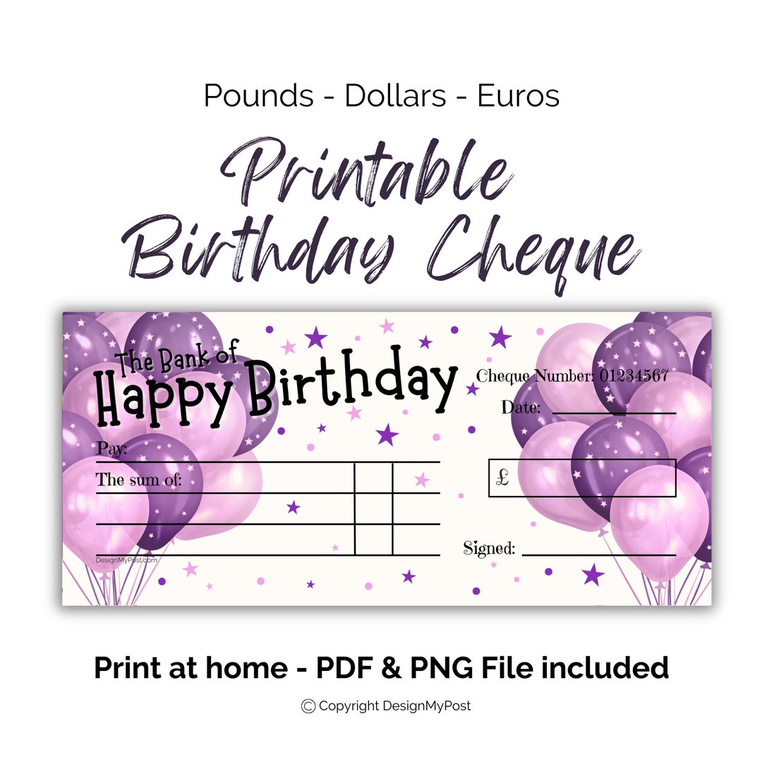 Printable Birthday Cheque With Pink and Purple Balloons. Gift Template ...