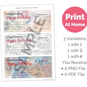 Bank of Mum and Dad Birthday Cheque. Gifting Cheque Template Euros ...