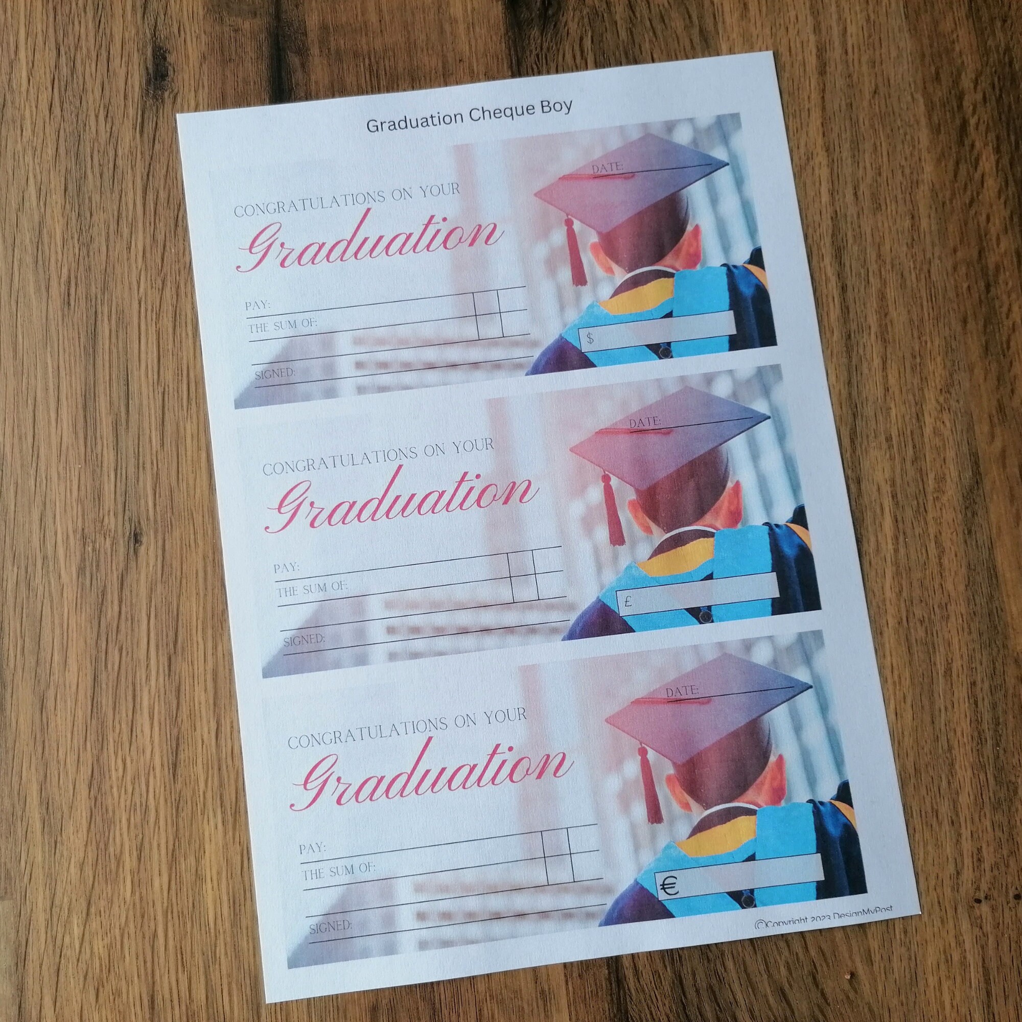 Graduation Gifting Cheque. Printable Blank Cheque. Euros, Pounds and ...