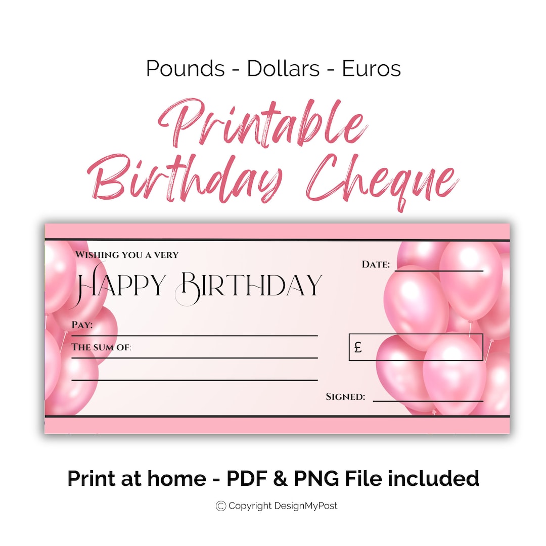Printable Blank Birthday Cheque With Pink Balloons. Gift Cheque ...