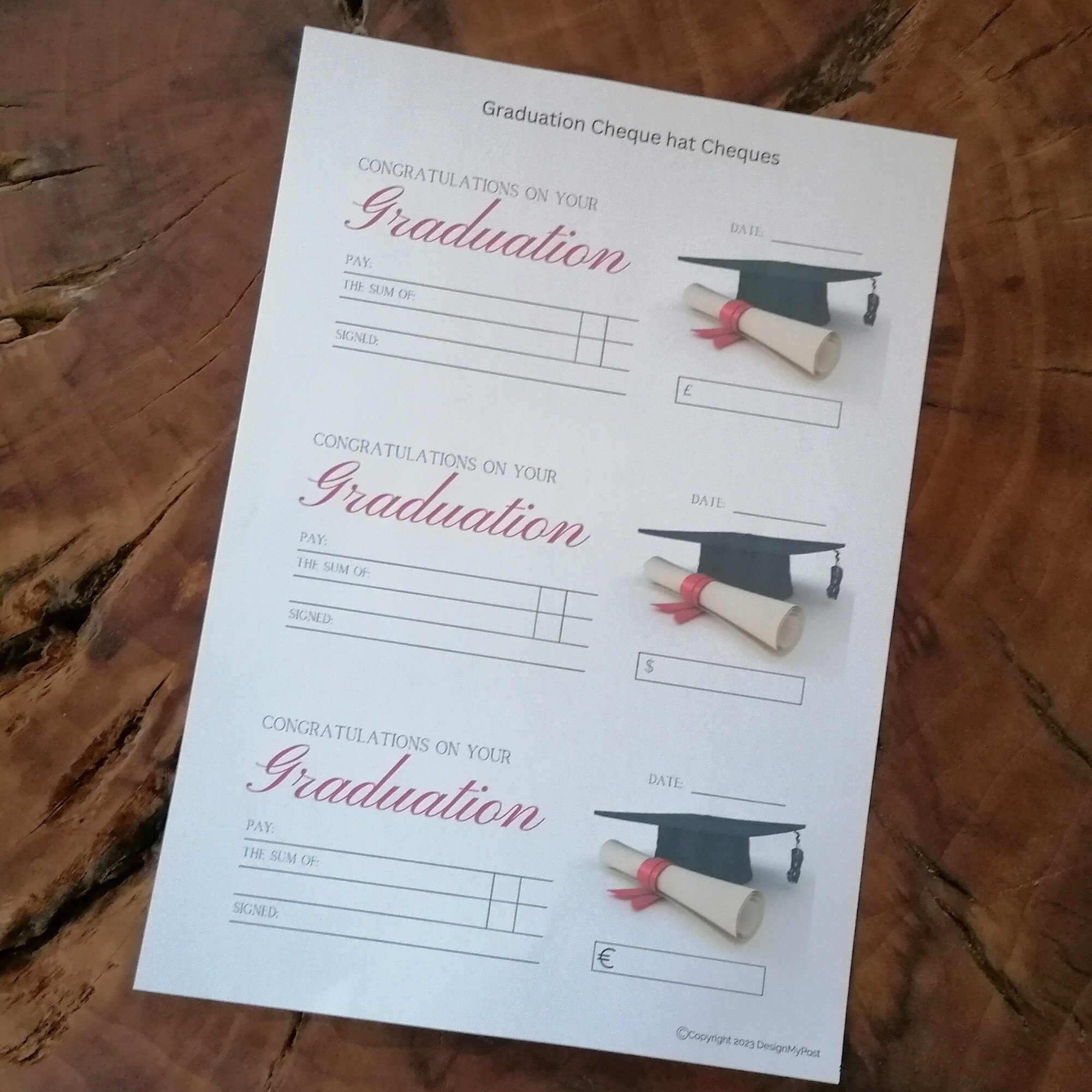 Graduation Cheque. Printable Gifting Blank Check. Euros, Pounds and ...