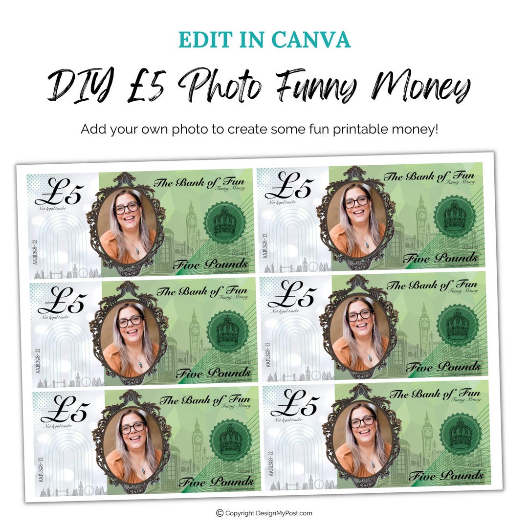 Personalised Face on Money. Funny Printable Play Cash. PDF Template, A4 ...