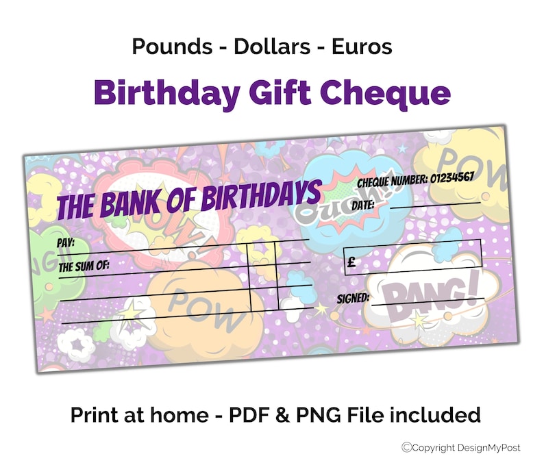 Birthday Cheque Ideal for Teenagers. Printable Fun Cartoon - Etsy