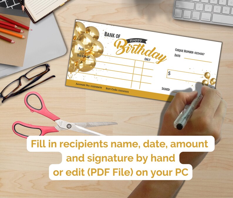 Printable Birthday Cheque. Gift Cheque Template With Gold - Etsy